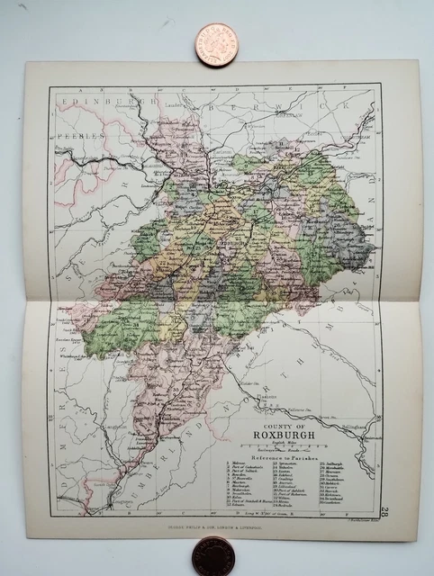 ANTIQUE/VINTAGE COUNTY MAP of ROXBURGH, Scotland - Phillips Handy Atlas ...