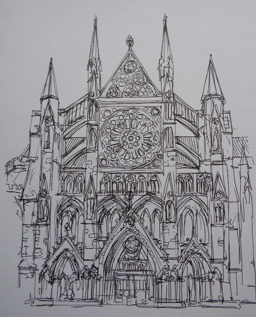 ORIGINAL HAND DRAWN pen & ink wash drawing of Westminster Abbey London ...