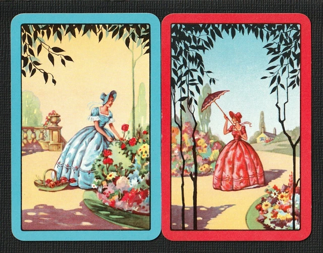 VINTAGE SWAP PLAYING Cards ~ 2 OLD WORLDE LADIES UMBRELLA PICKING ...