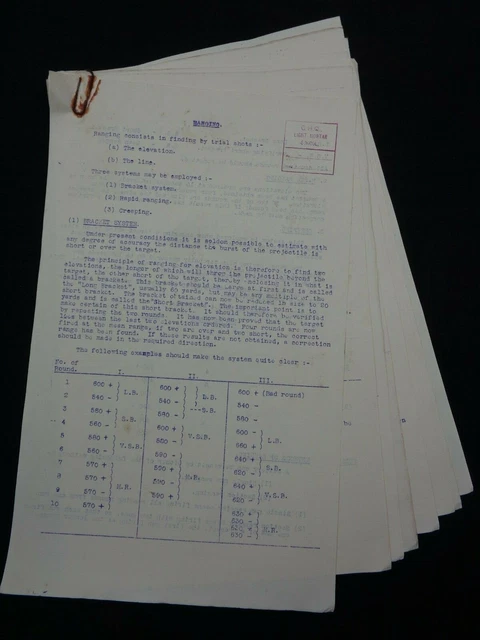 WW1 BRITISH ARMY GHQ "LIGHT MORTAR SCHOOL" Document on "RANGING" (17 ...