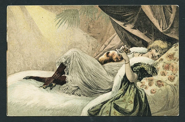 English 1905 Art Nouveau Risque Beauty Boudoir Scene Cat Chromo Litho