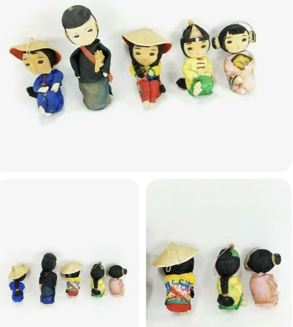 VTG DOLLS ASIAN Chinese Tiny Miniature Cloth Stuffed Bundled Lot of 5 4 ...