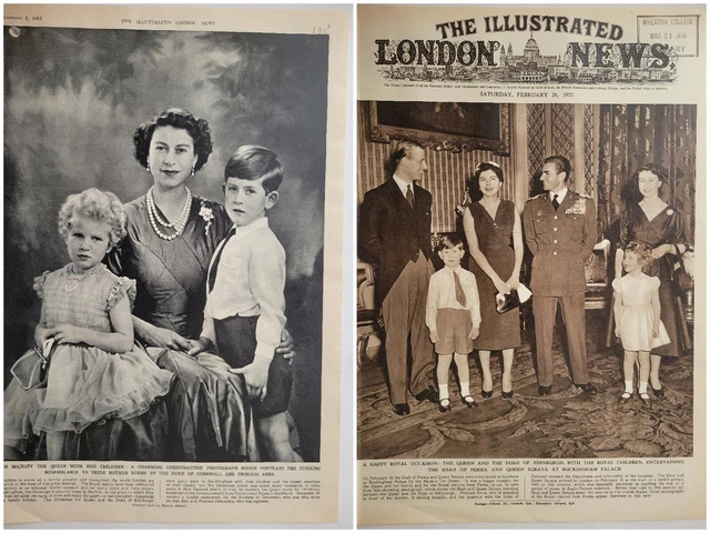 QUEEN ELIZABETH II & Children Charles Anne Original 1955 ILN ~14.5x10 ...