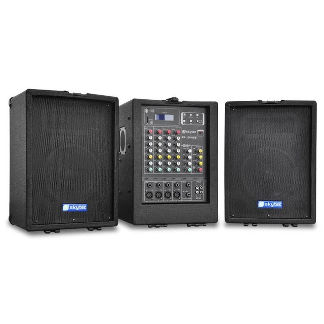 SKYTEC PA-100 MOBILE PA-ANLAGE KOMPLETT SYSTEM MIXER VERSTÄRKER 2x BOX ...