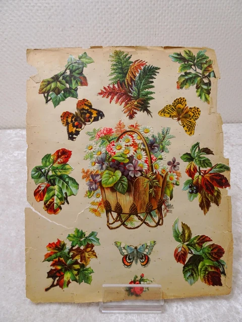 BLATT BEKLEBT MIT 12 Oblaten Glanzbildchen Schmetterlinge Blumen Vintage um 1900 EUR 10,00 ...