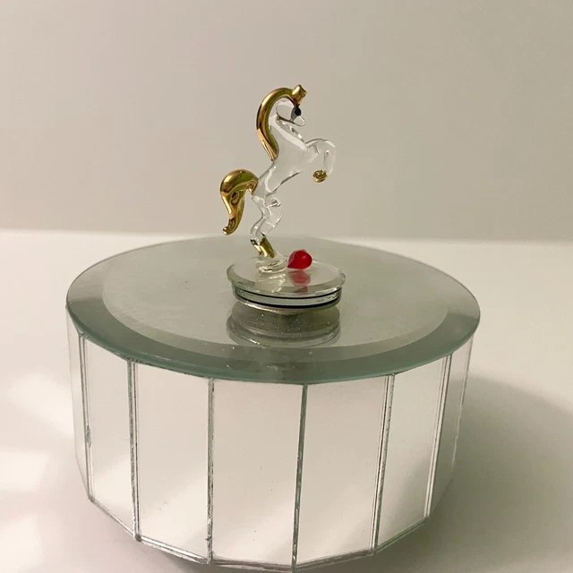 VINTAGE ROTATING MIRRORED Music Box with Mini Glass Unicorn Figurine ...