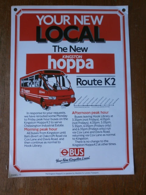LONDON TRANSPORT BUS Stop Timetable Poster-Kingston Hoppa Route K2 £1. ...