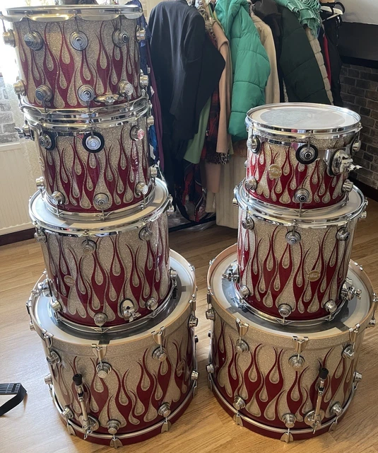 DW COLLECTORS SERIES Rare 7 Piece Hot Rod Red Flame Silver Sparkle Drum ...