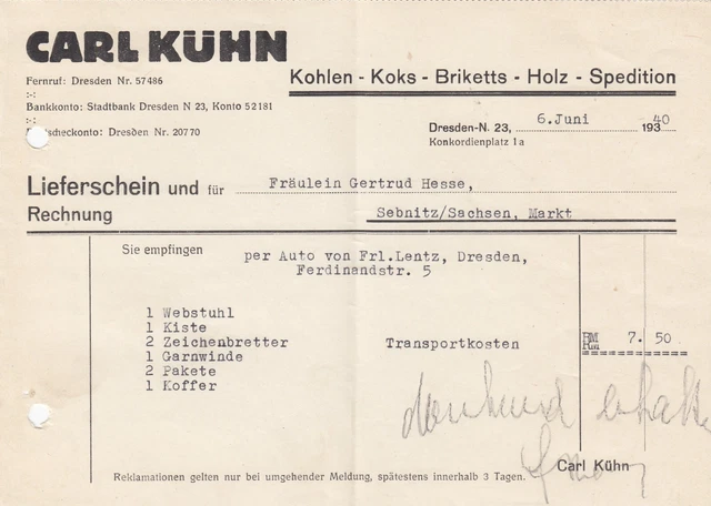 DRESDEN, BRIEF 1940, Carl Kühn Kohlen Koks Briketts Holz Spedition EUR ...