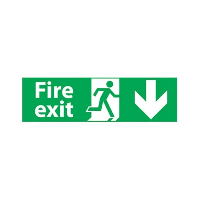 FIRE EXIT DOWN Arrow Sign 300mm x 100mm 1mm Rigid PVC Plastic FESD £12. ...