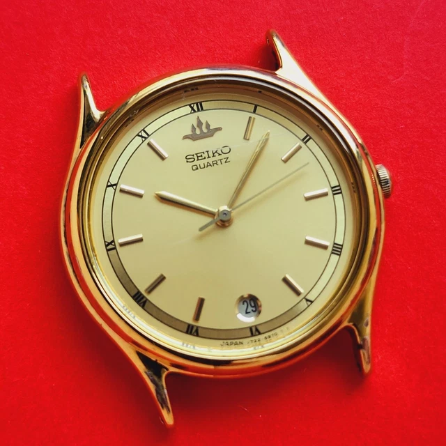 SEIKO WATCH RARE Dial Logo Dial Gold Coloured Case V722-6B20 For Repair ...