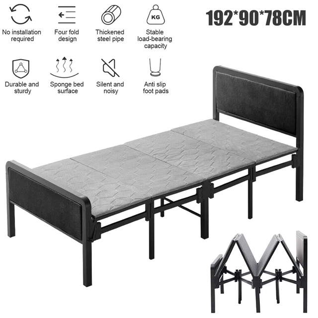 4-FOLD SINGLE GUEST Bed Padded Small Space Folding Bed Frame Headboard ...