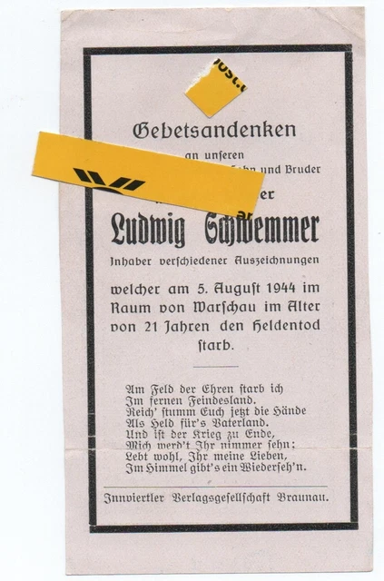 STERBEBILDER 2.WK ROT-TEN-FÜHRER einer Einheit Warschau 5.8.44 EUR 19 ...