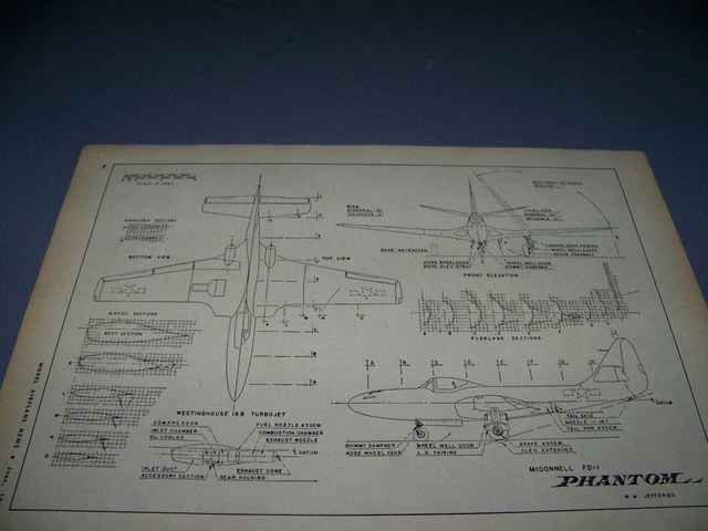 1949 MCDONNELL Fd-1 Phantom.. 3-Views/Cross Sections/Panel Lines (247X ...