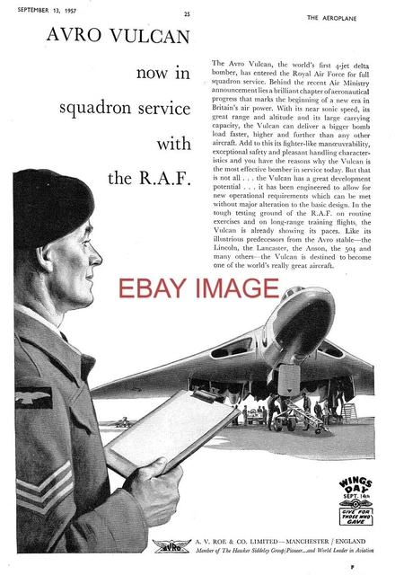 1957 ADVERT AVRO 'VULCAN' V-Bomber Aircraft (2) Vintage Original Print ...