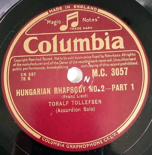 TORALF TOLLEFSEN &HUNGARIAN Rhapsody No.2Pt.1+2" (1948) 78rpm 10" COL ...