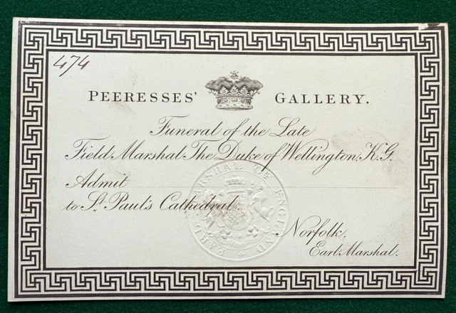ANTIQUE MILITARY FUNERAL Ticket Field Marshal Arthur Wellesley Duke ...