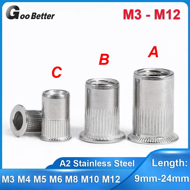 M3 M4 M5 M6 M8 M10 M12 Rivet Threaded Nutsert Flat Head Nuts A2 ...