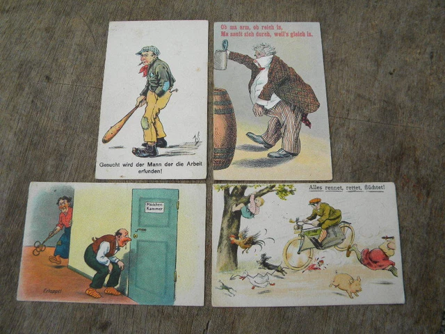 4 X POSTKARTE SCHERZKARTE - WITZKARTE SATIRE ca. 1930 SPASSKARTE ...