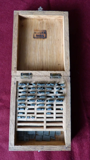 OUTIL ANCIEN MÉTAL reliure relieur coffret bois Rougier police ...