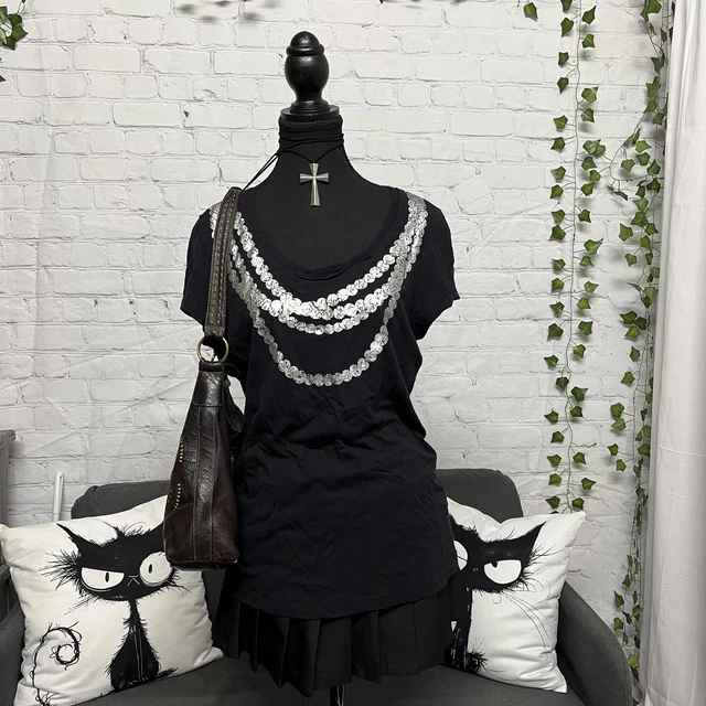PURE ALFRED 2010S Sung indie sleaze silver beaded necklaces print top ...