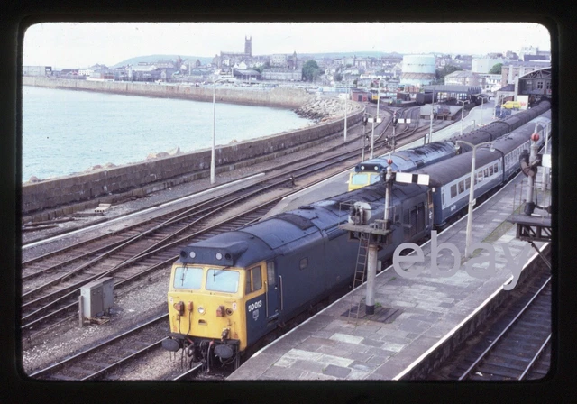 ORIGINAL 35MM SLIDE -Class 50 - 50013 'Agincourt' waits at Penzance ...