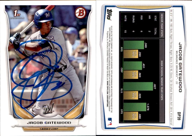 CARTE JACOB GATEWOOD signée 2014 Bowman #DP39 Milwaukee Brewers auto ...