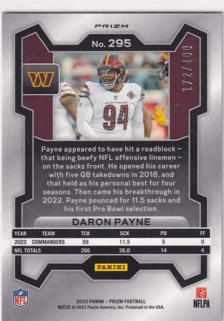 PANINI FOOTBALL NFL Prizm 2023 n. 295 Daron Payne Pandora 172/400 EUR 3 ...