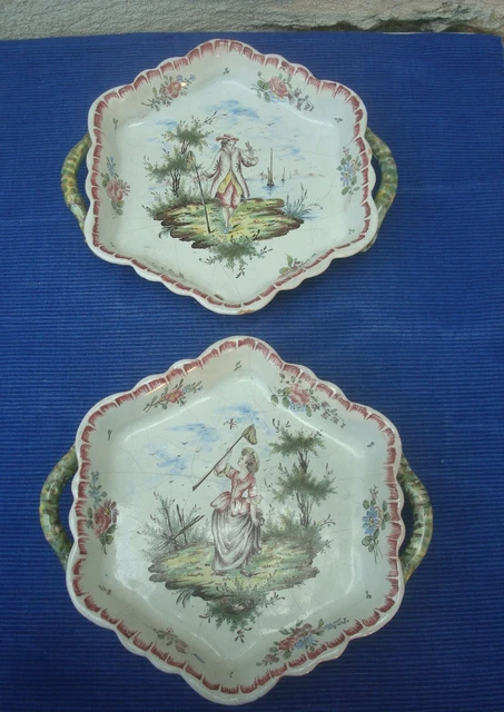 V74 PAIRE PLAT Faience Marseille Veuve Perrin ancien Femme Homme chasse ...