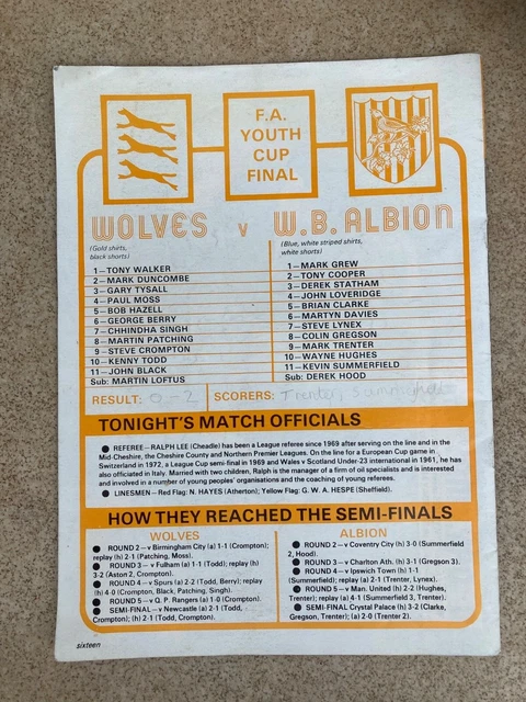 FOOTBALL PROGRAMME WOLVES v West Bromwich Albion F. A. Youth Cup Final ...