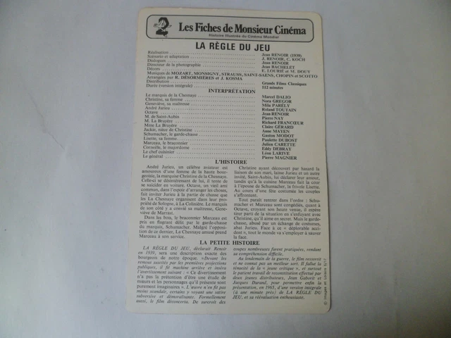 CARTE FICHE CINEMA 1939 LA REGLE DU JEU Marcel Dalio Nora Gregor Mila ...