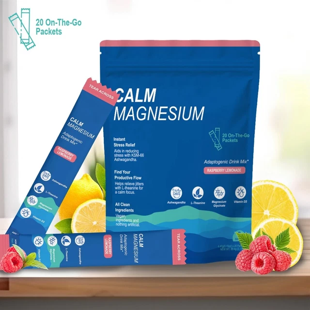 CALM MAGNESIUM RASPBERRY Lemonade Adaptogenic Drink Mix Stress Relief ...