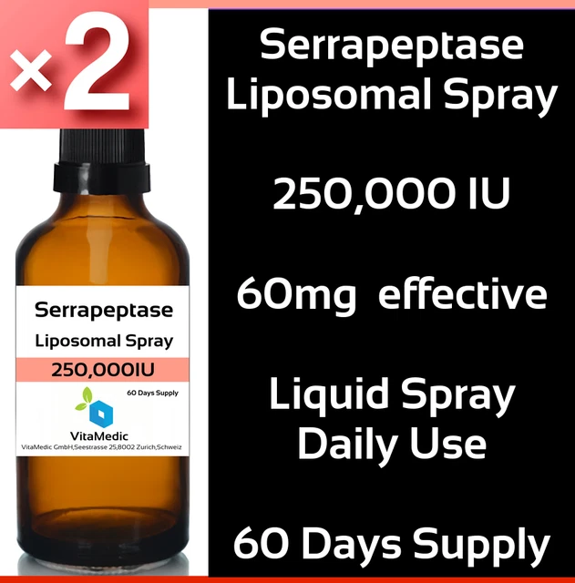 SERRAPEPTASE LIPOSOMAL SPRAY 250000IU Fight Infection 60mg x 2 Bottles ...