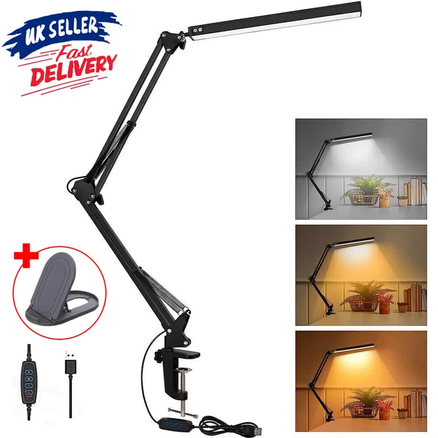 DIMMABLE LED DESK Lamp with Clamp 3 Color 10 Modes Swing Arm Clip-on ...