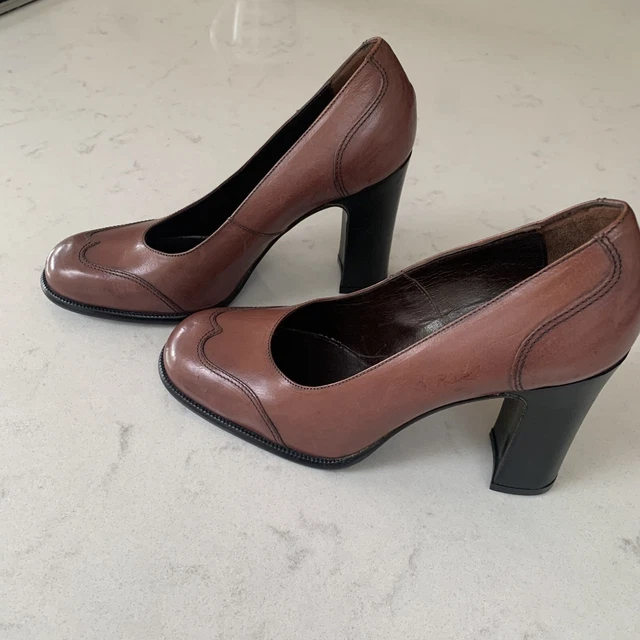 VINTAGE PATRICK COX Brown Leather 90s Block High Heel Shoes Made In ...