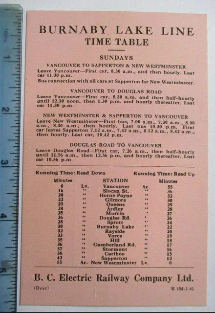1942 B.C. ELECTRIC Railway BCER Burnaby Lake Timetable British Columbia ...