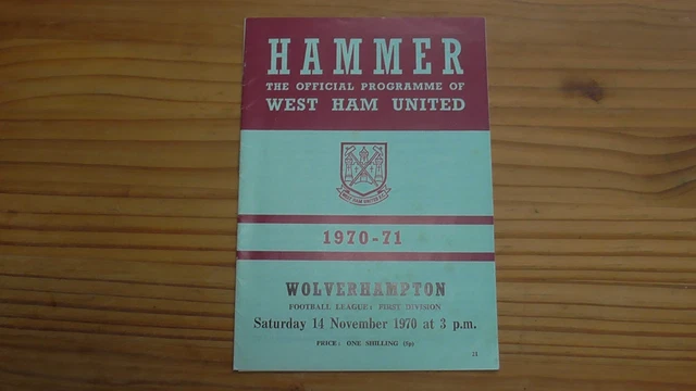 WEST HAM UNITED V Wolves 14Th November 1970 £1.16 - PicClick UK