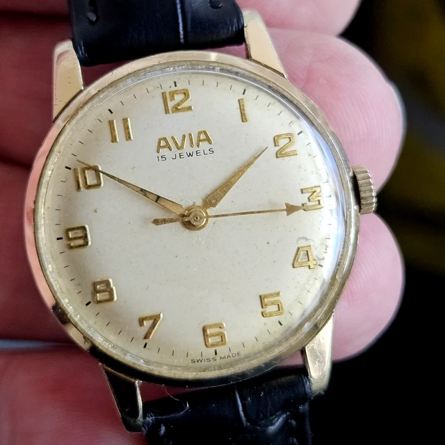 AVIA 15 JEWELS Swiss Gold Plated G10 Mens Mechanical Vintage Watch ...