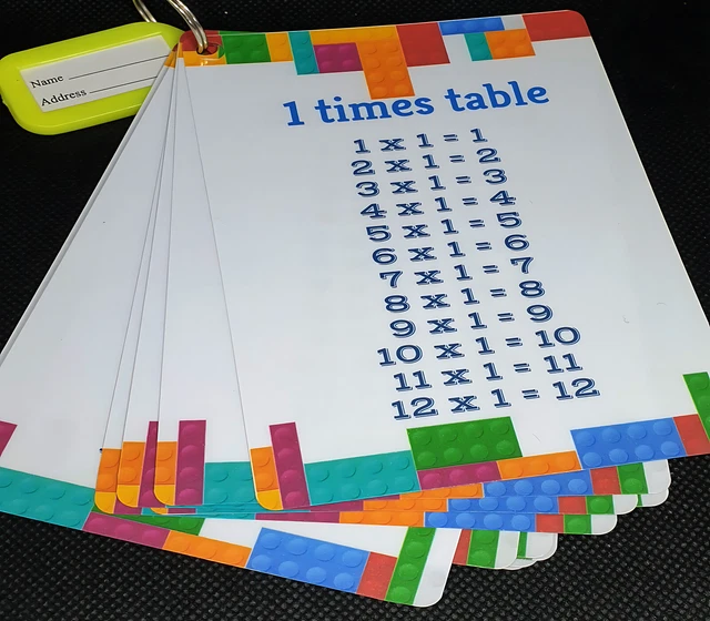 TIMES TABLES BOYS Building Blocks Laminated Flash Cards 1-12 Maths 3.5 ...