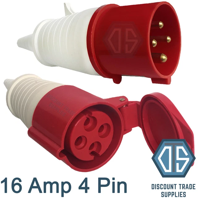 16 AMP 4 Pin Plug & Coupler Socket 3P+E Industrial IP44 Red EC16444 ...