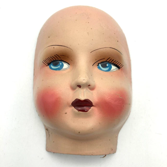 VINTAGE PAPER PAPIER Mache Doll Face French Girl Painted Molded 4" Blue ...