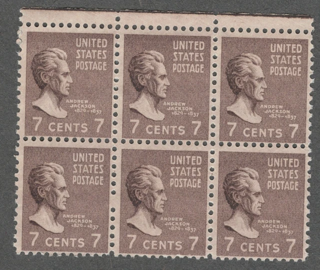 US. 812. 7C. Andrew Jackson. Presidential Issue. Block of 6. MNH. 1938 ...