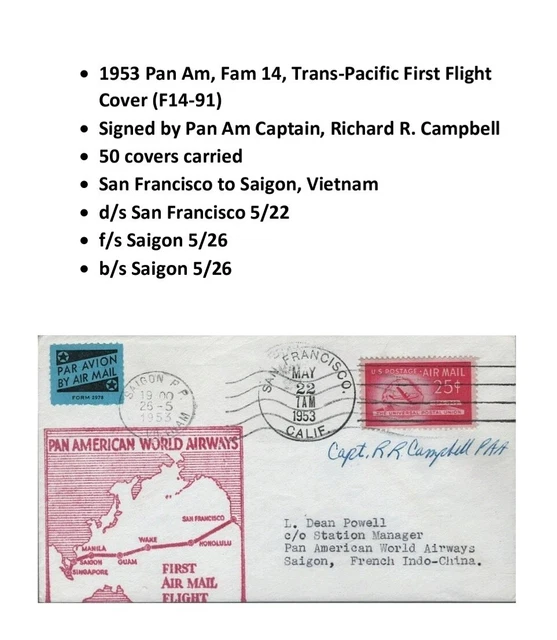 US FIRST FLIGHT Cover SF to Saigon Vietnam 1953 Signed Pan Am Captain ...