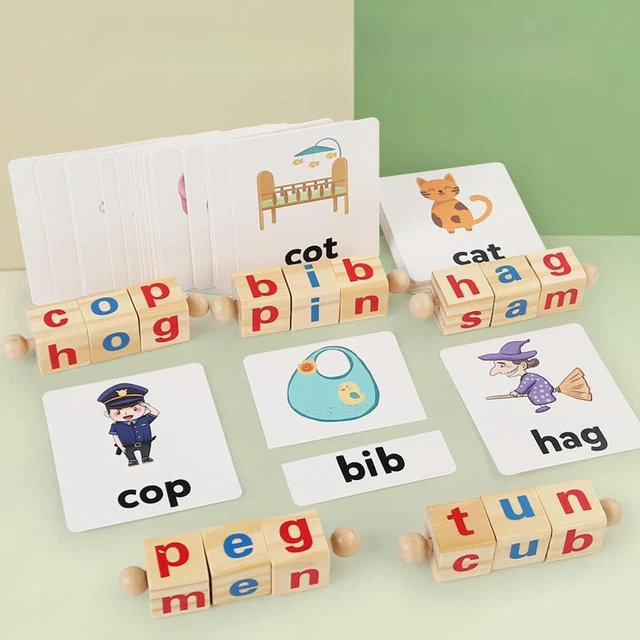 WOODEN READING BLOCKS Spelling Games Flash Cards Alphabet Puzzle Wooden ...