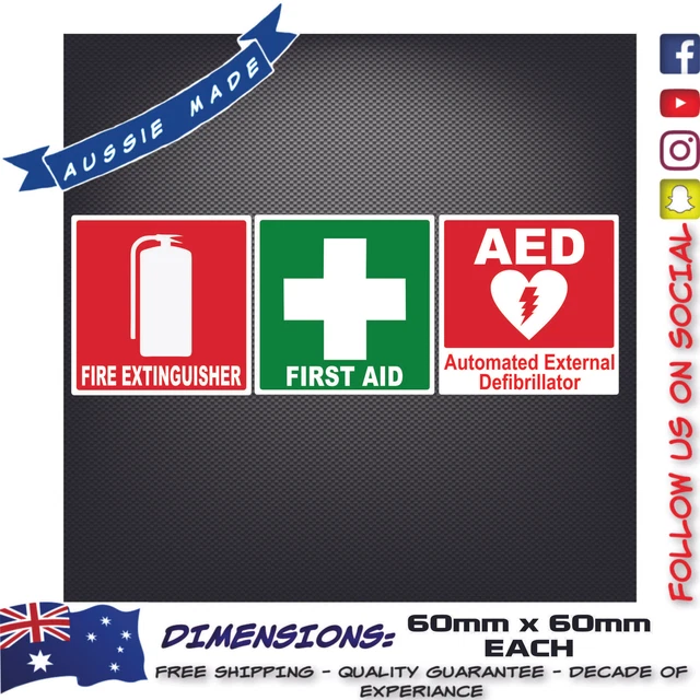 FIRST AID KIT Fire Extinguisher AED Sticker Construction OHS Safety ...