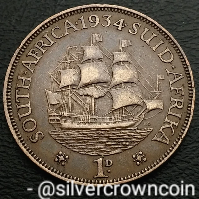 AFRICA SOUTH 🇬🇧 1 Penny 1934. KM#14.3. One Cent coin. Sailing Ship ...