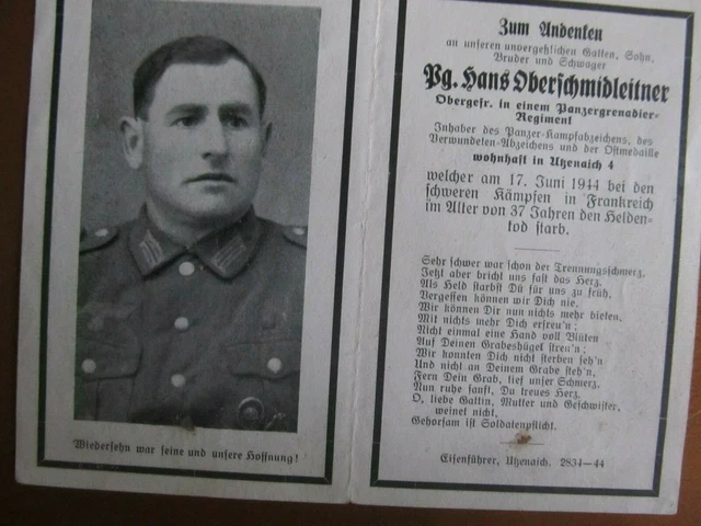 RARE WWII GERMAN Death Card, KIA JUNE 14 1944 in France, DDAY, PARTY ...