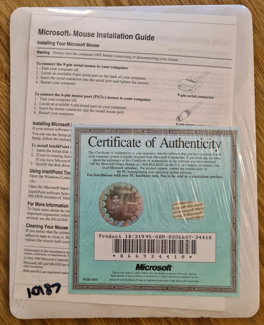 MICROSOFT SERIAL MOUSE Installation Guide & Certificate of Authenticity ...