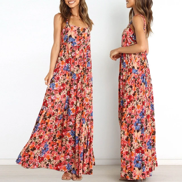 ROBE D'ÉTÉ BOHO rouge maxi avec sangles spaghetti et imprimé floral ...