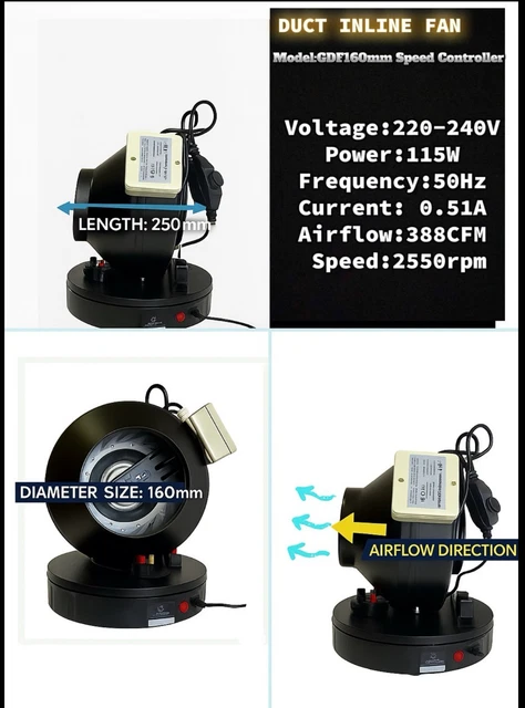 DUCT EXTRACTOR FAN Hydroponic Ventilation Kitchen Indus,6.3"-160mm ...